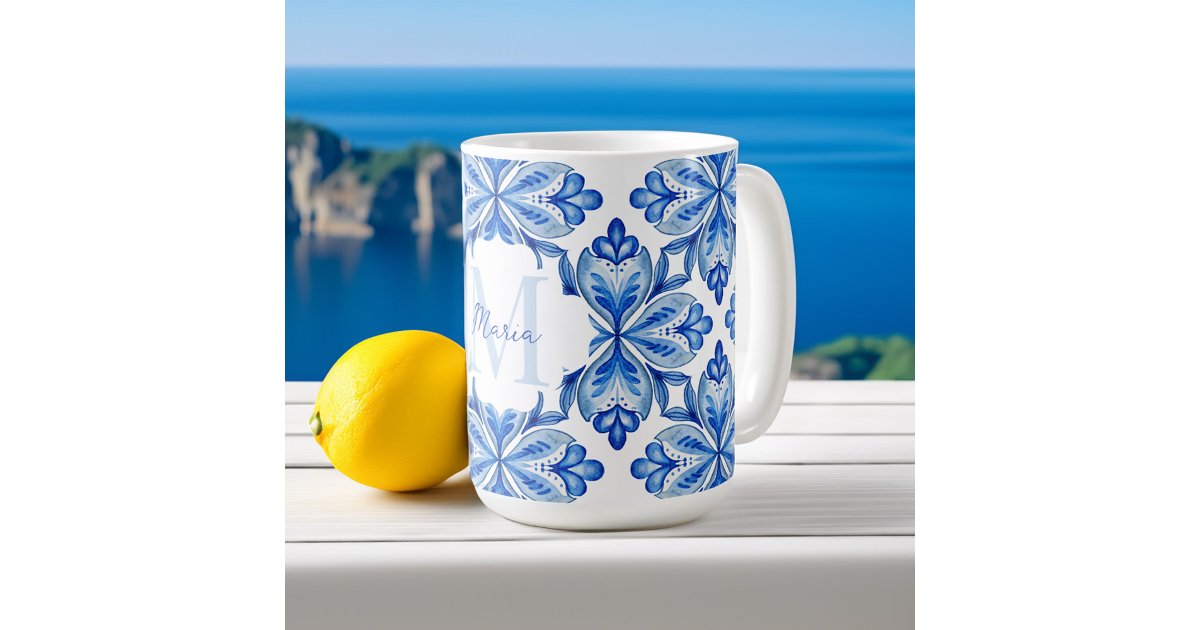 Bridesmaid gifts Italian Blue tiles monogram Coffee Mug | Zazzle