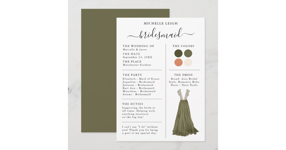 Bridesmaid Info Card Details Olive, Clay | Zazzle
