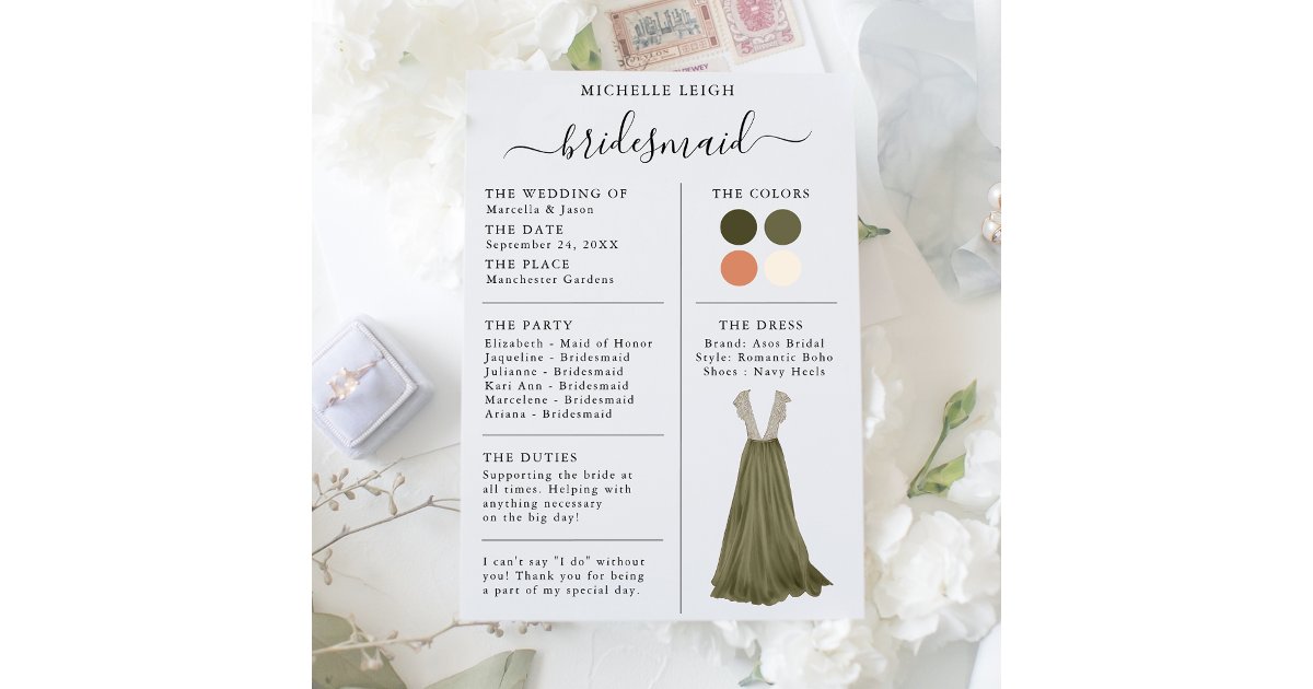 Bridesmaid Info Card Details Olive, Clay | Zazzle