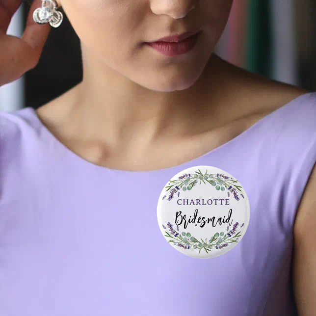 Bridesmaid lavender violet eucalyptus wedding button | Zazzle