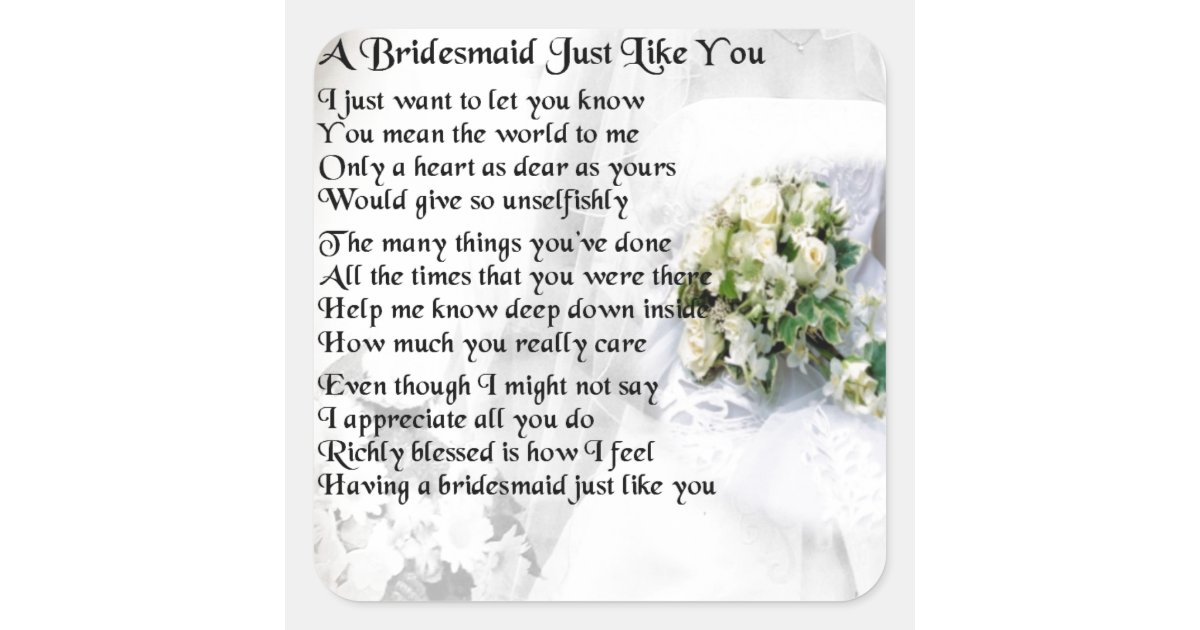 Bridesmaid Poem Wedding Bouquet Square Sticker | Zazzle
