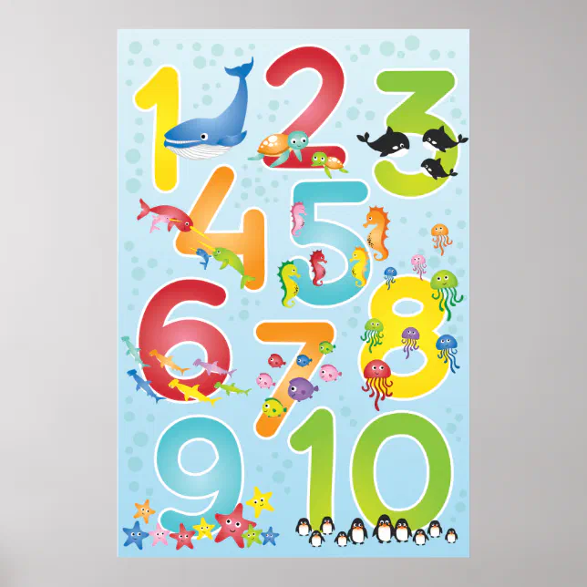 Bright and Cheerful Under the Sea Animals Number Poster | Zazzle