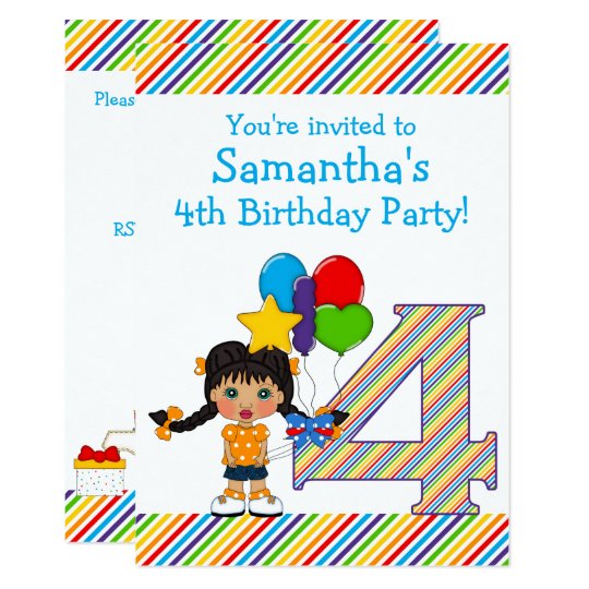 Bright and Colorful Girls 4th Birthday Party Invitation | Zazzle.com