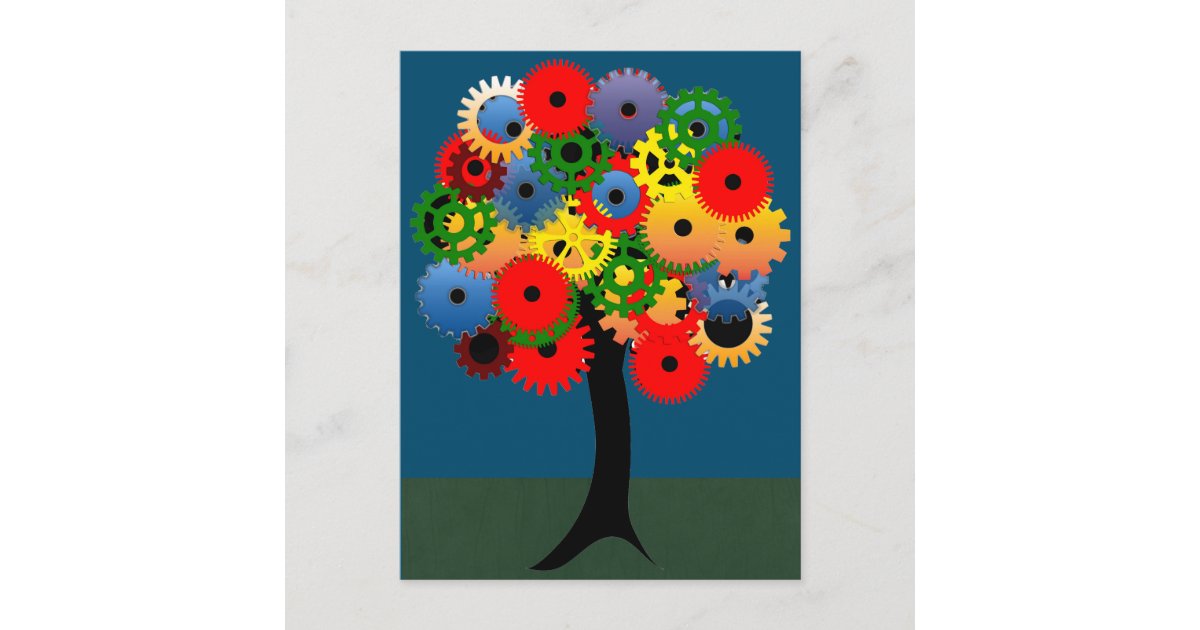 Bright and Colorful Mechanical Gear Tree Postcard | Zazzle