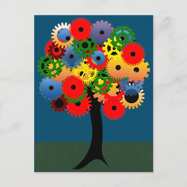 Bright and Colorful Mechanical Gear Tree Postcard | Zazzle