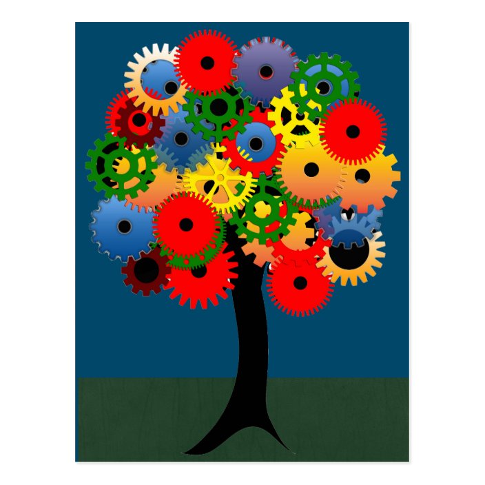Bright and Colorful Mechanical Gear Tree Postcard | Zazzle.com