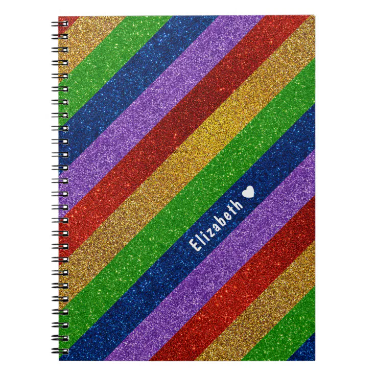 Bright and Sparkly Rainbow Faux Glitter Striped Notebook | Zazzle