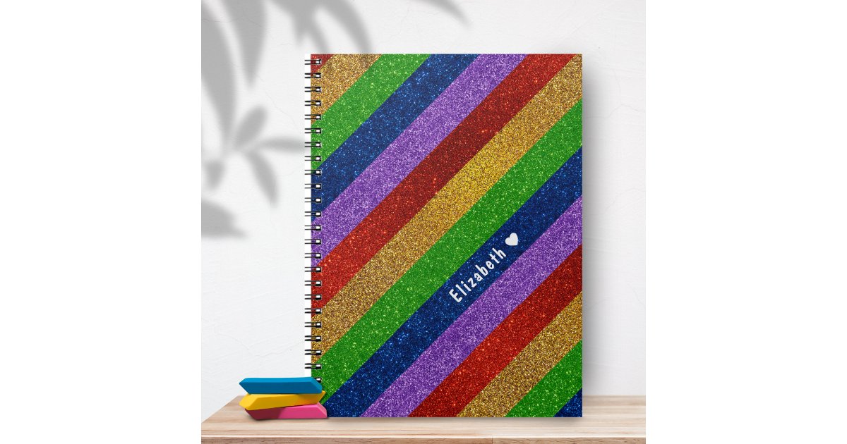 Bright and Sparkly Rainbow Faux Glitter Striped Notebook | Zazzle