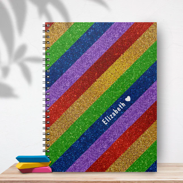 Bright and Sparkly Rainbow Faux Glitter Striped Notebook | Zazzle