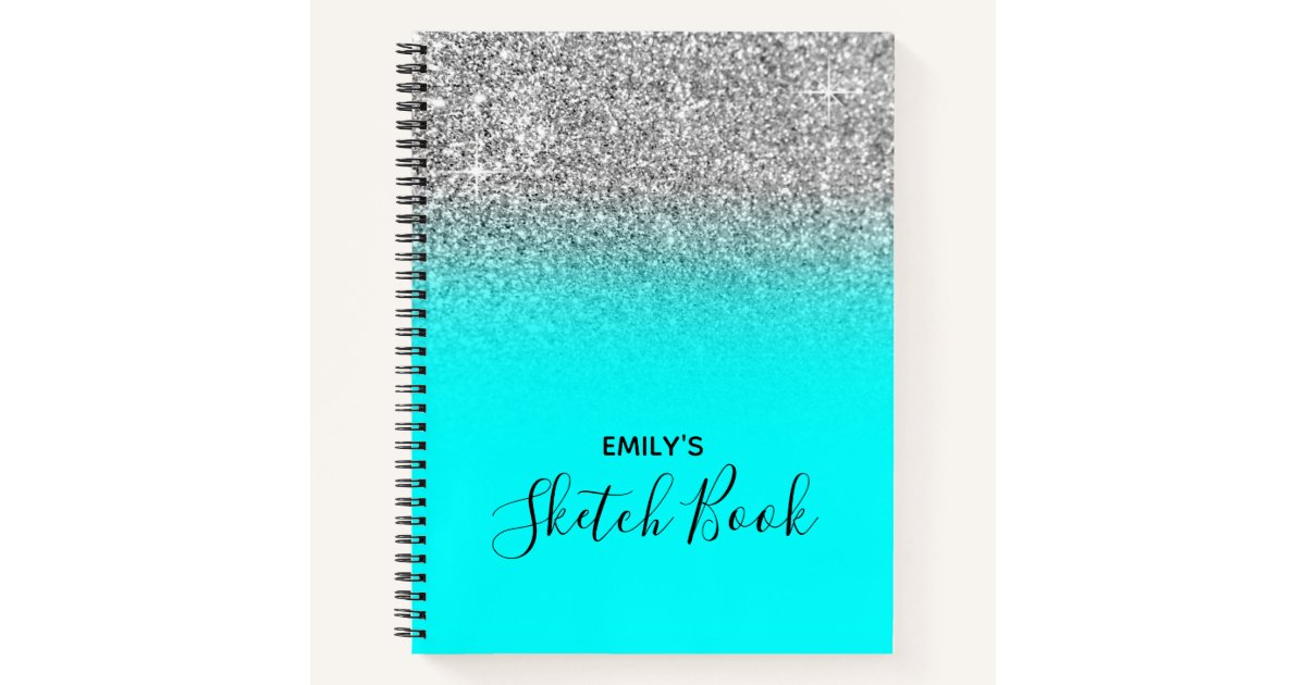 Bright Aqua and Silver Glitter Ombre Drawing Notebook | Zazzle