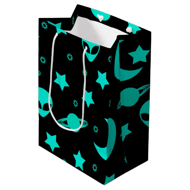 Bright Aqua Blue Alien Heads in Outer Space Medium Gift Bag | Zazzle