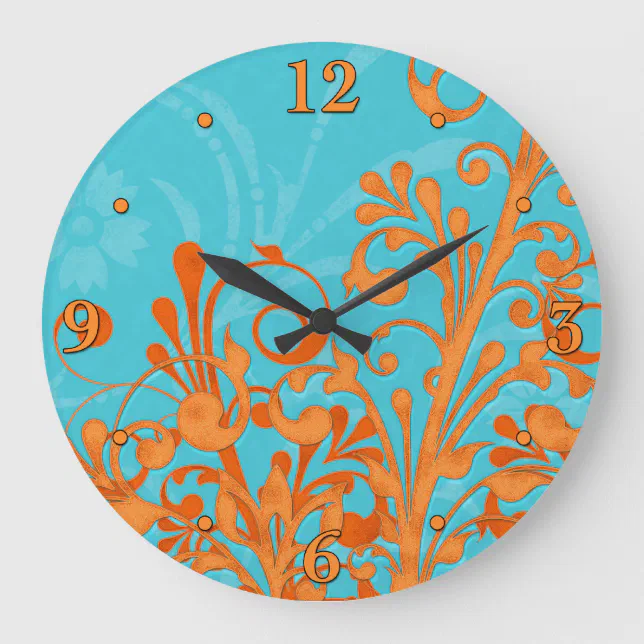 Bright Aqua Blue and Orange Floral Wall Clock | Zazzle
