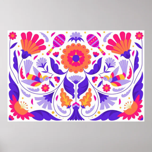 Bright Beautiful Mexican Floral Folk Art Poster | Zazzle