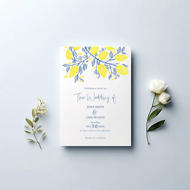 Bright blue and yellow lemon vines pretty wedding invitation | Zazzle