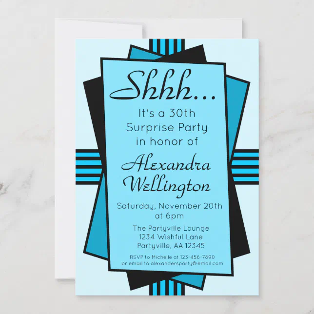 Bright Blue Art Deco Surprise Party Birthday Invitation | Zazzle