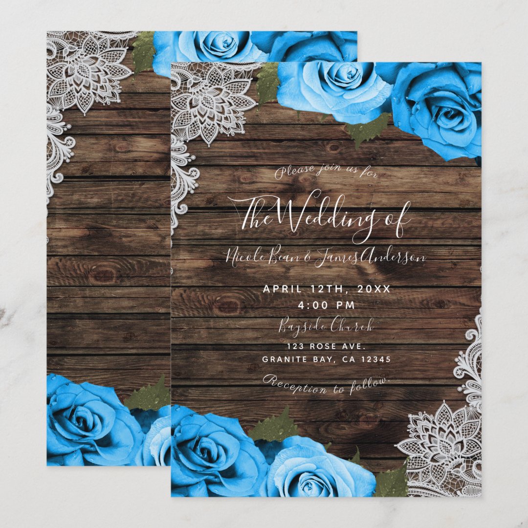 Bright Blue Floral Roses Rustic Wood Lace Wedding Invitation | Zazzle