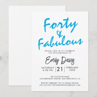 Bright Blue Forty Fabulous | 40th Birthday Party Invitation | Zazzle