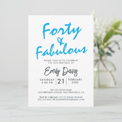 Bright Blue Forty Fabulous | 40th Birthday Party Invitation | Zazzle