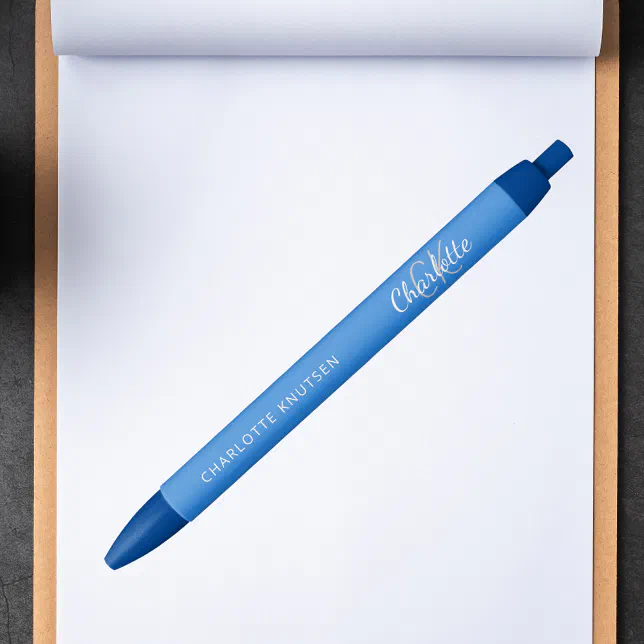 Bright blue monogram name script black ink pen | Zazzle