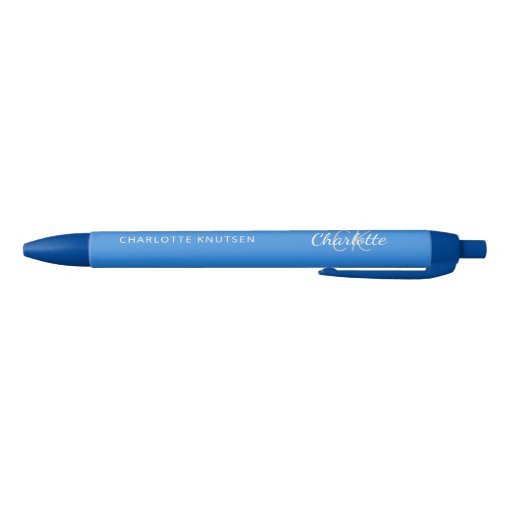 Bright blue monogram name script black ink pen | Zazzle