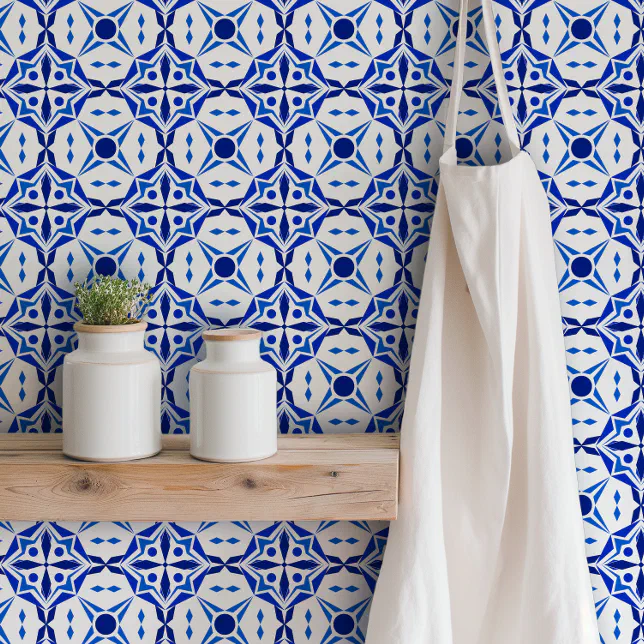 Bright Blue Mosaic Tile Inspired Wallpaper | Zazzle