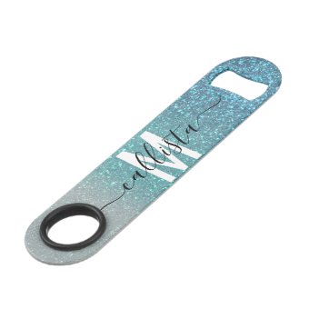 Bright Blue Teal Sparkly Glitter Ombre Monogram Bar Key | Zazzle