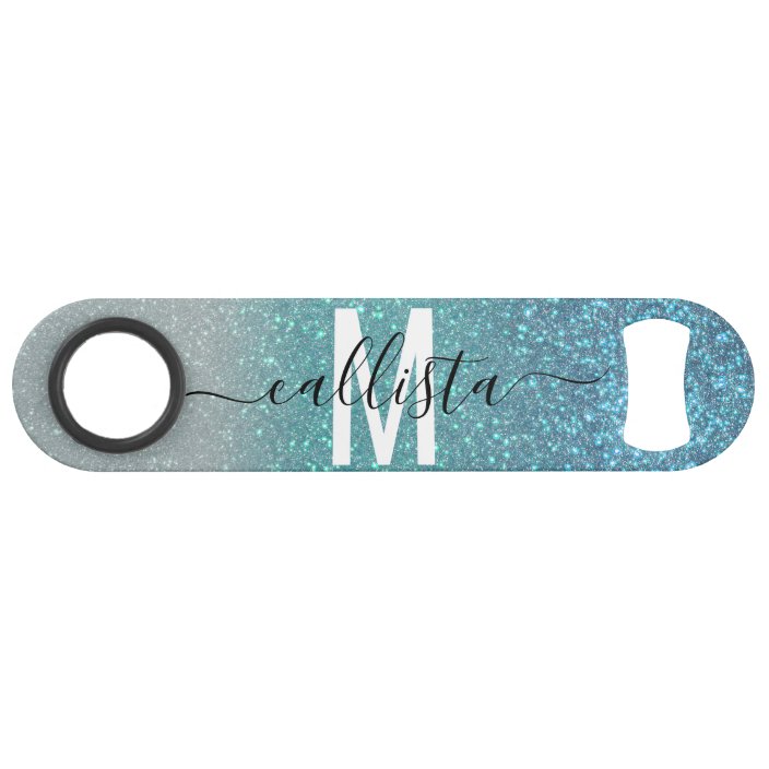 Bright Blue Teal Sparkly Glitter Ombre Monogram Bar Key | Zazzle