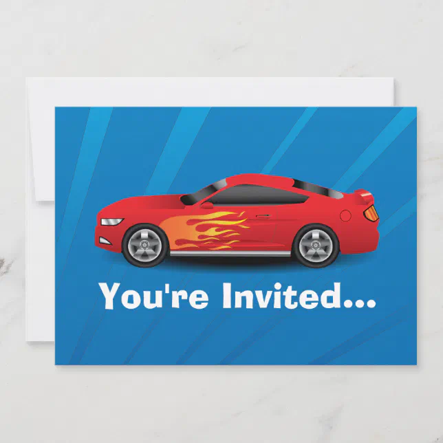 Bright Blue with Red Sports Car Flames Kids Boys Invitation | Zazzle