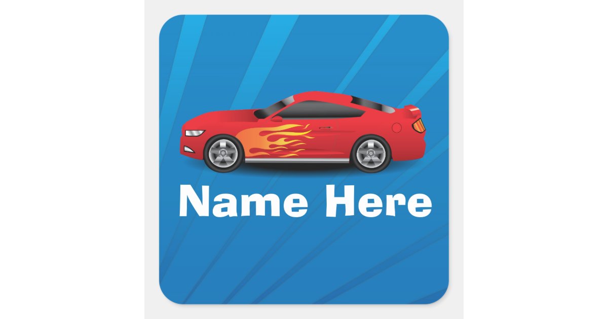 Bright Blue with Red Sports Car Flames Kids Boys Square Sticker | Zazzle