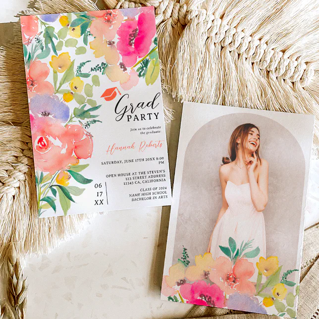 Bright bold boho garden floral graduation invitation | Zazzle