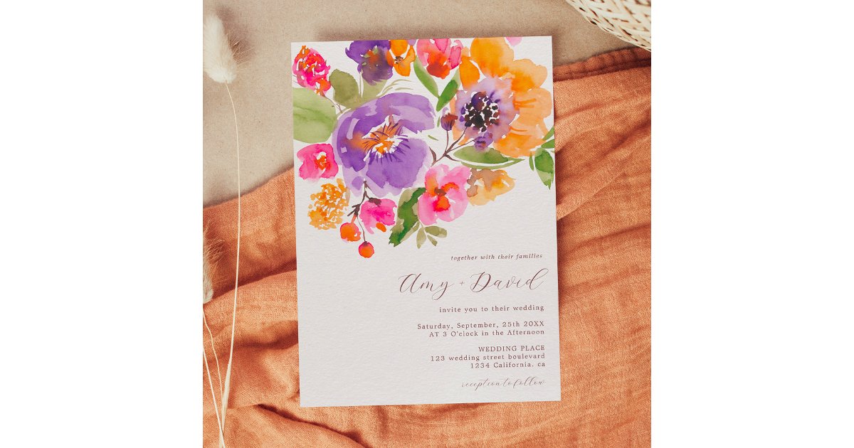 Bright bold fall floral watercolor photo wedding invitation | Zazzle