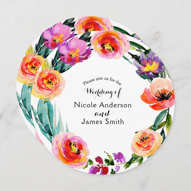 Bright Bold Floral Wreath Watercolor Wedding Invitation | Zazzle