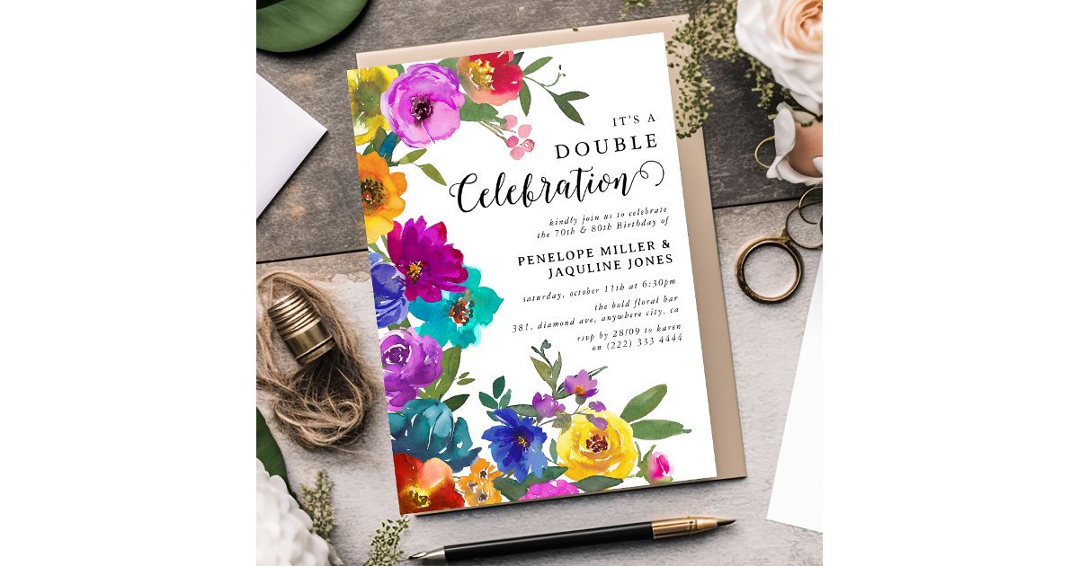 Bright & Bold Florals Double Celebration Birthday Invitation | Zazzle