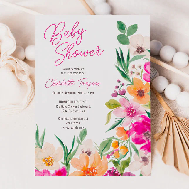 Bright bold wild flowers script baby shower invitation | Zazzle