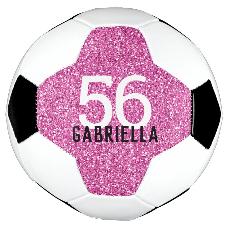 Bright Bubblegum Pink Sparkly Number and Name Soccer Ball | Zazzle