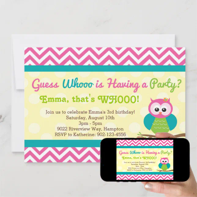 Bright Chevron Owl Birthday Party Invitation | Zazzle