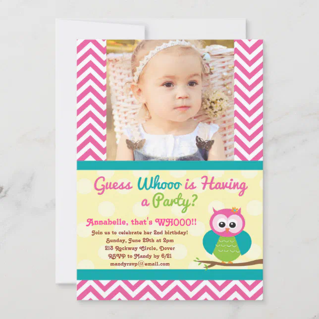 Bright Chevron Owl (Photo) Birthday Invitation | Zazzle
