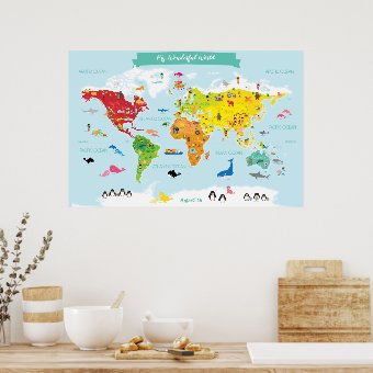 Bright Children World Map with Illustrations Poster | Zazzle