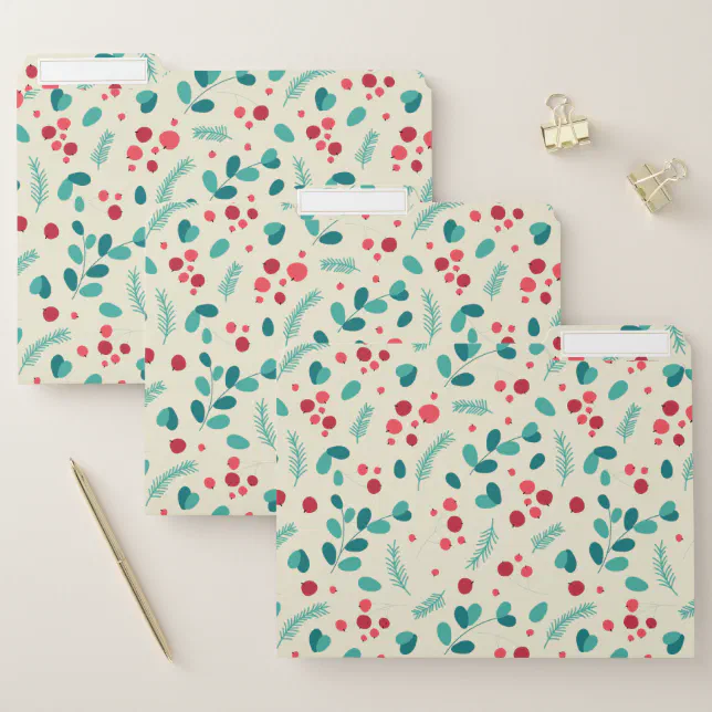 Bright Christmas Mistletoe and Leaf Pattern File Folder | Zazzle
