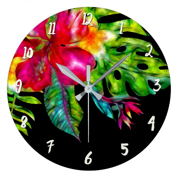 Bright Color Tropical Floral Hibiscus & Leaves Large Clock | Zazzle.com