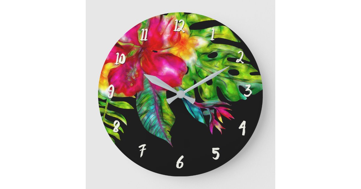 Bright Color Tropical Floral Hibiscus & Leaves Large Clock | Zazzle