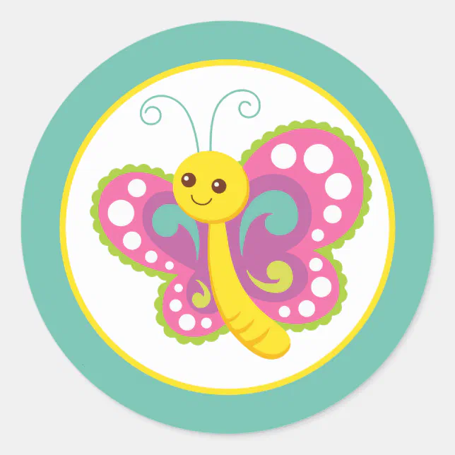 Bright Colorful Butterfly Kids Cartoon Design Classic Round Sticker ...
