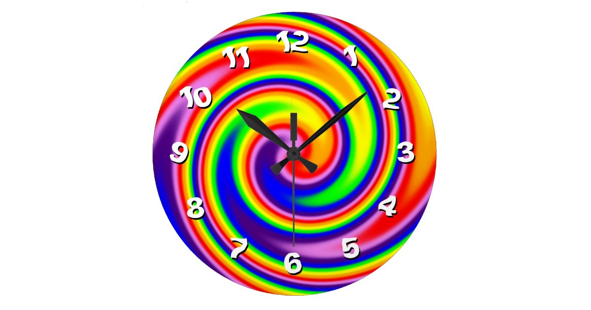 Bright Colorful Rainbow Spiral Swirl Wonky Numbers Large Clock | Zazzle.com