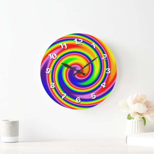 Bright Colorful Rainbow Spiral Swirl Wonky Numbers Large Clock | Zazzle