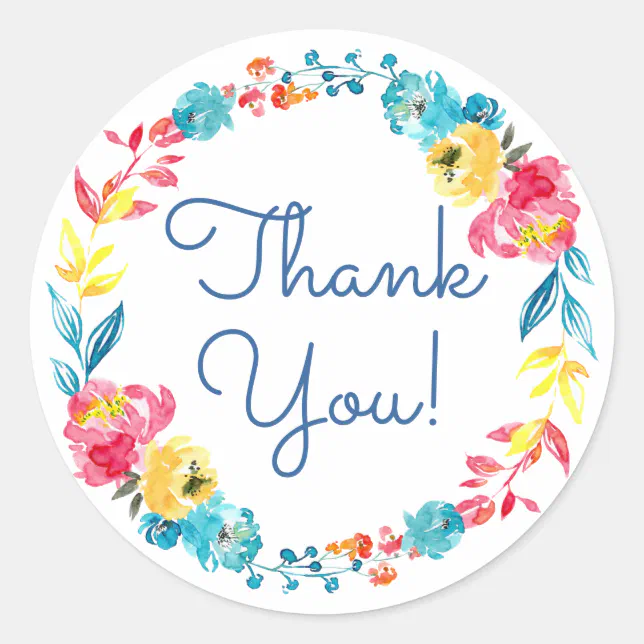 Bright Colorful Watercolor Floral Thank You Classic Round Sticker | Zazzle