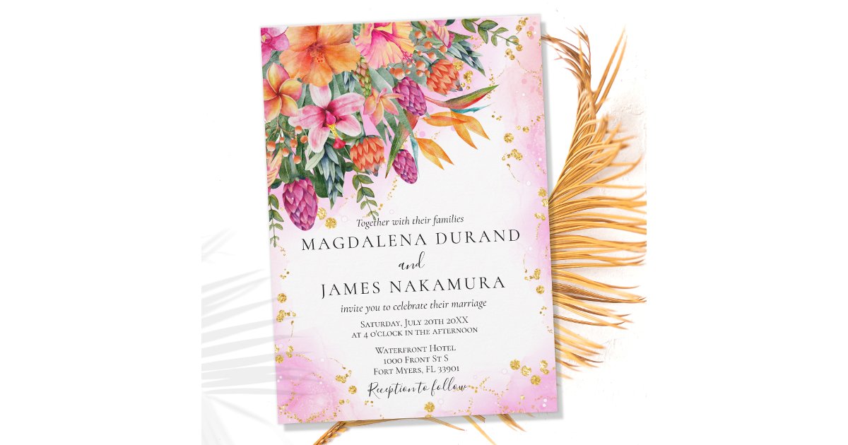Bright Elegant Pink Orange Tropical Floral Wedding Invitation | Zazzle