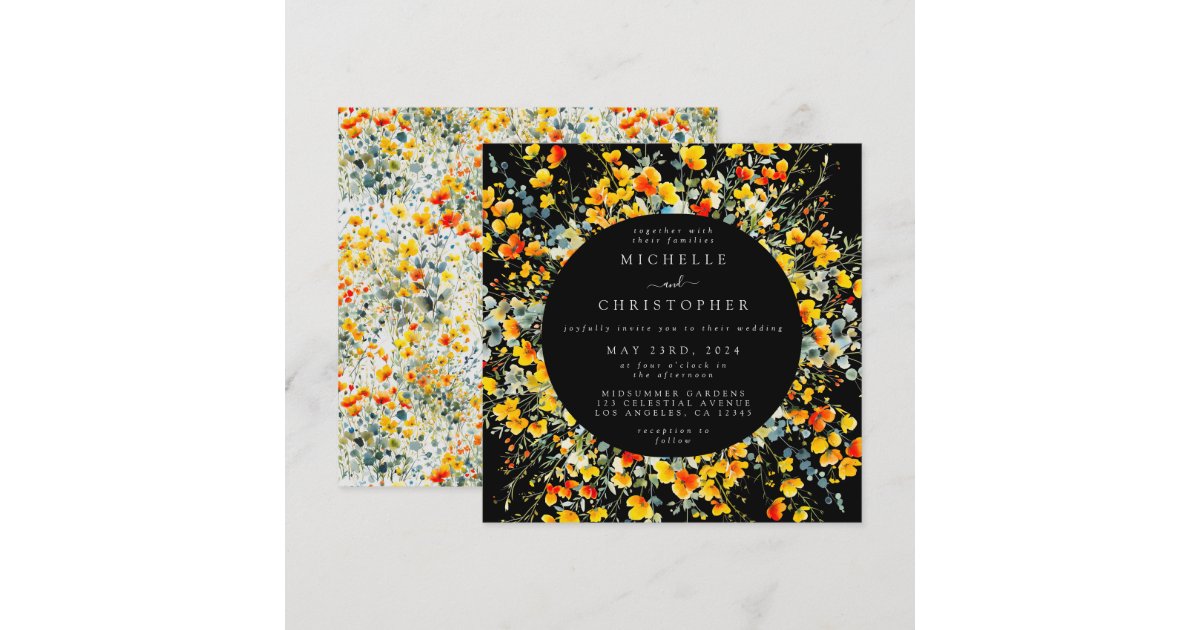 Bright Floral Black Square Wedding Invitation | Zazzle