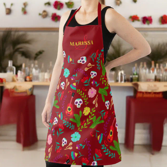Bright floral Mexican 5 de mayo red monogram Apron | Zazzle
