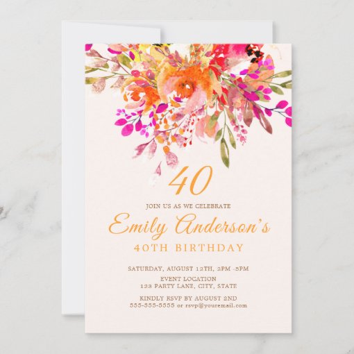 Bright Floral Romantic 40th Birthday Party Invitation | Zazzle