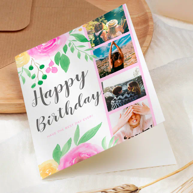 Bright floral watercolor 4 photo grid birthday card | Zazzle